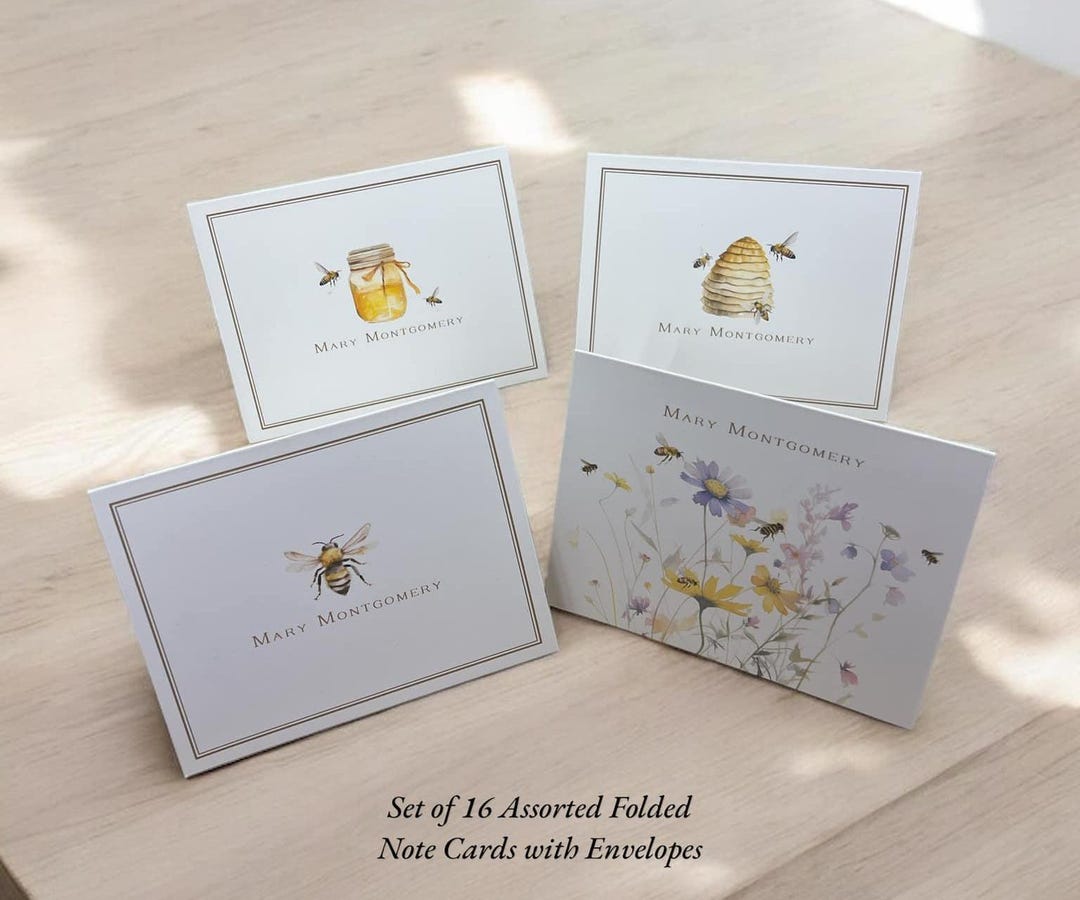 Personalized Bee Note Cards With Envelopes, Set of 16 Assorted Blank ...