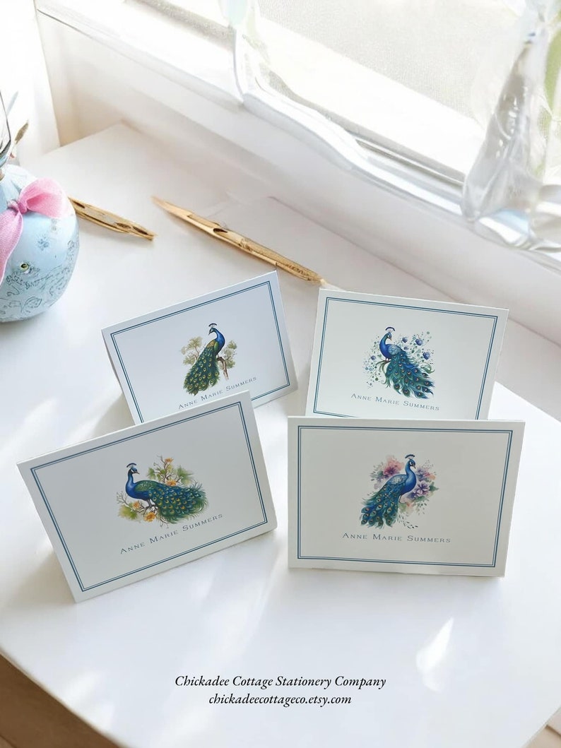 Personalized Peacock Note Cards With Envelopes, Set of 16 Assorted ...
