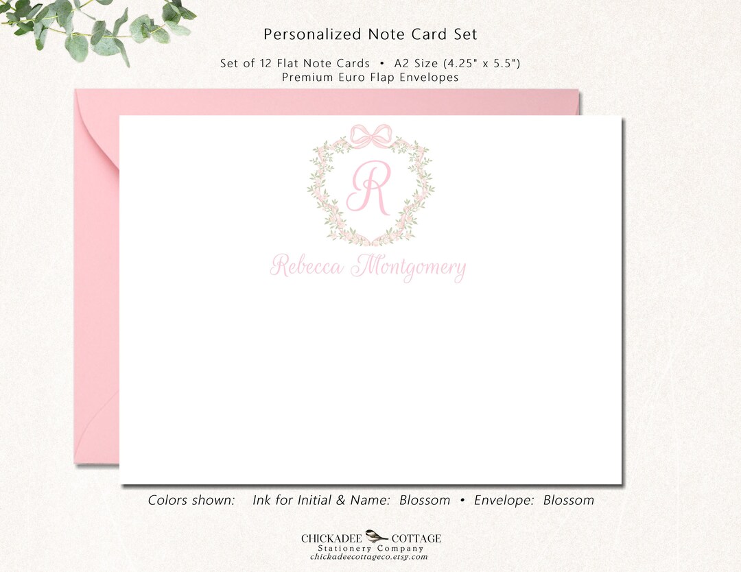Personalized Monogram Note Cards With Envelopes, Set of 12 Flat Cards ...