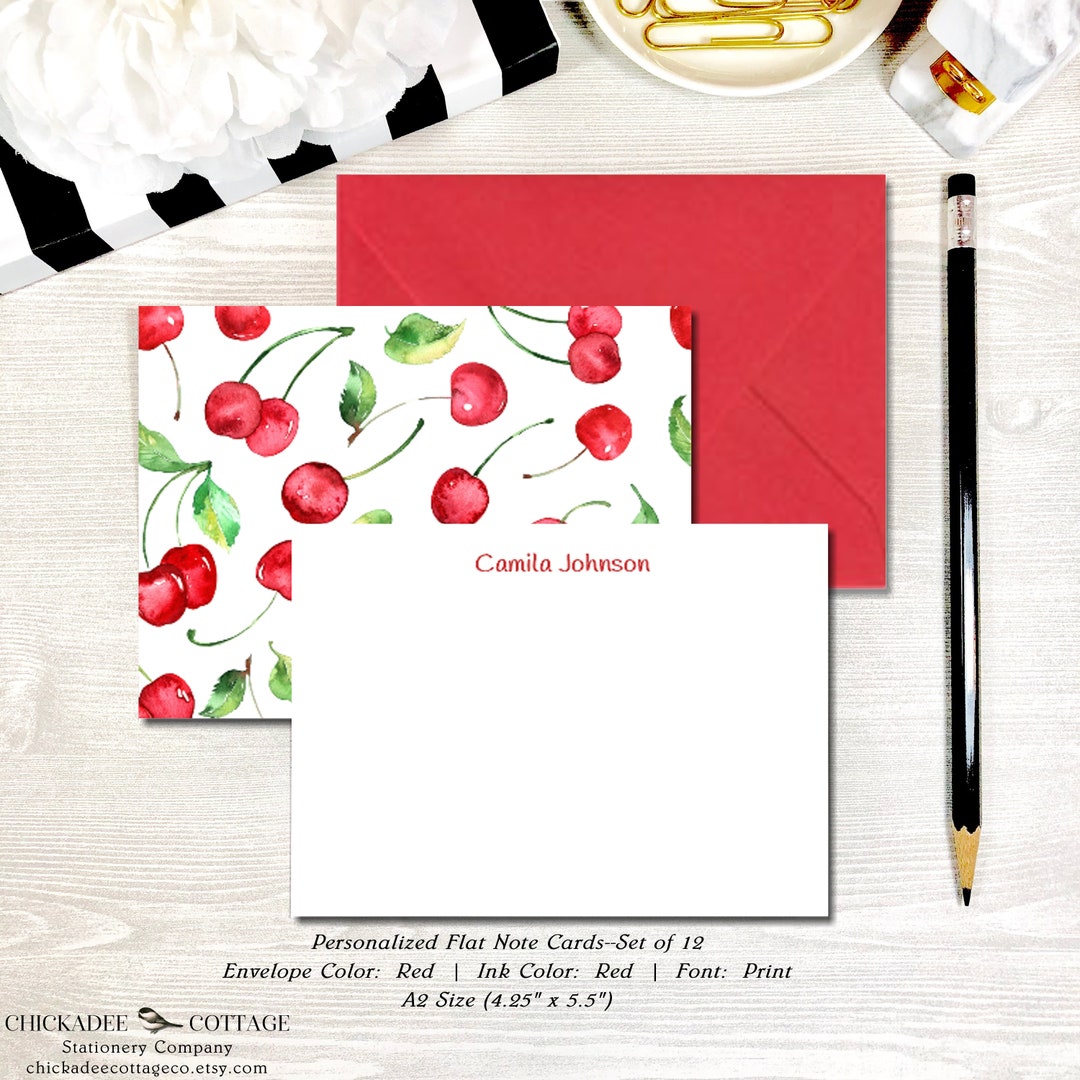 Flat Cherry Note Cards With Envelopes, Personalized Note Cards, Set of ...