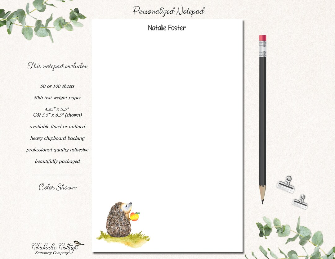 Personalized Notepad - HEDGEHOG - Stationery Stationary Notepad ...