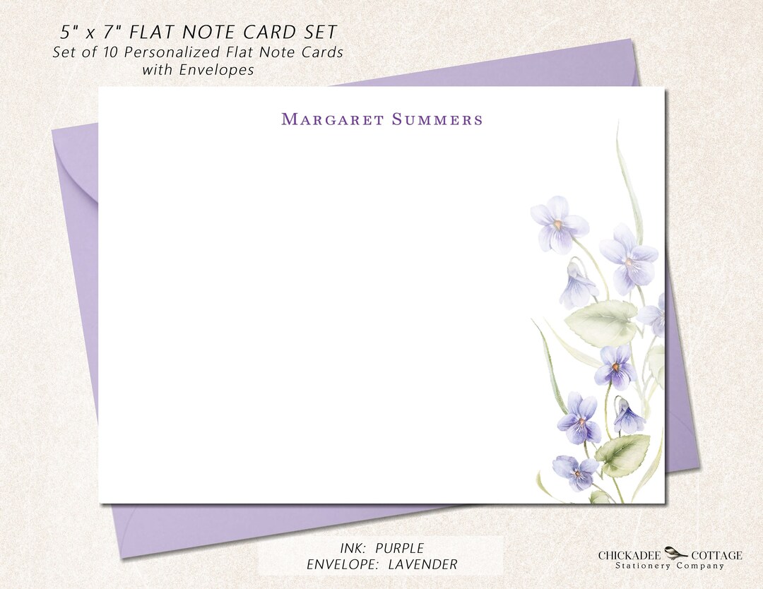 Purple Floral Note Card Set With Envelopes, Set of 10 Flat 5 X 7 ...