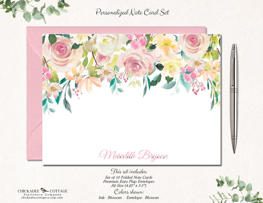 Pink Floral Note Cards With Envelopes, Pink Flower Notecards ...
