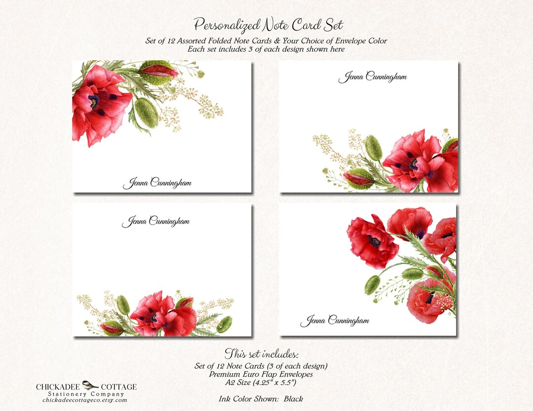 Personalized Poppy Note Cards Set With Envelopes, Set of 12 Assorted ...