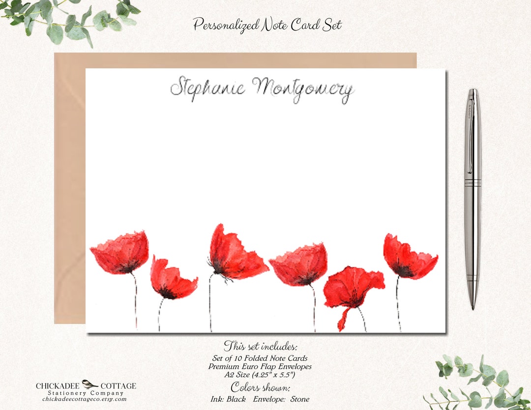 Personalized Poppy Note Cards With Envelopes | Set of 10 Notecards ...