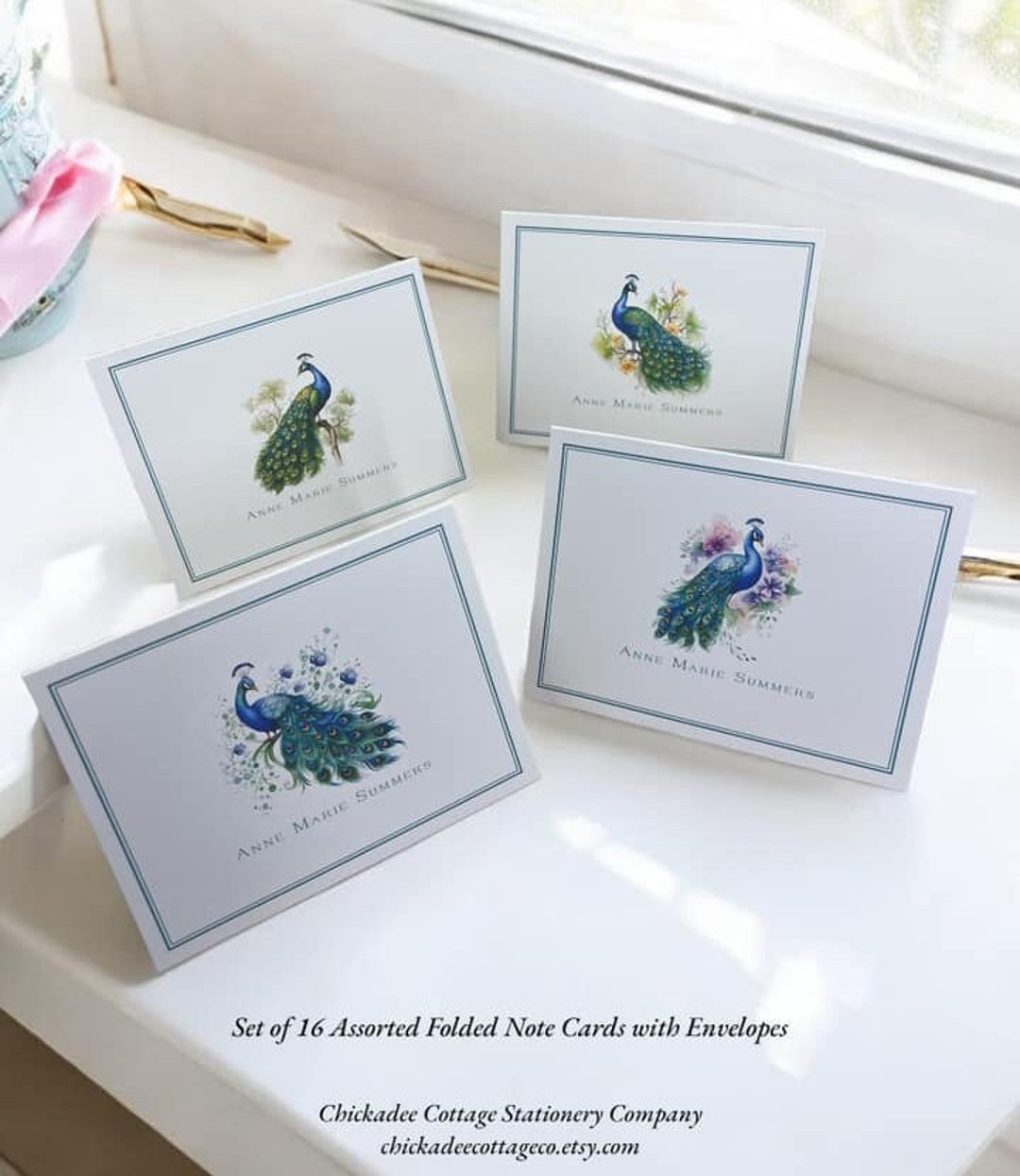Personalized Peacock Note Cards With Envelopes, Set of 16 Assorted ...