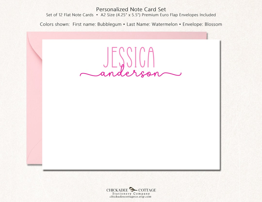 Cute Note Cards for Girls, Set of 12 Flat Notecards, Custom Stationery ...