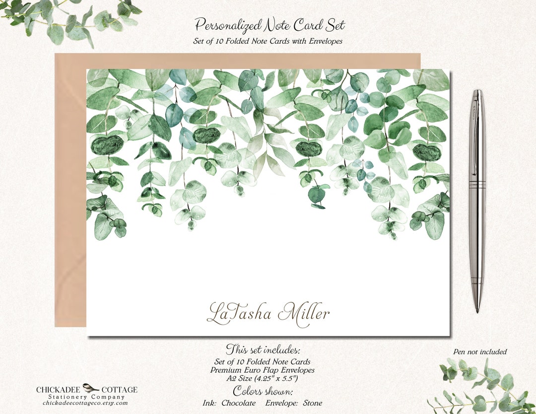 Personalized Greenery Note Cards, Set of 10 Folded Note Cards With ...