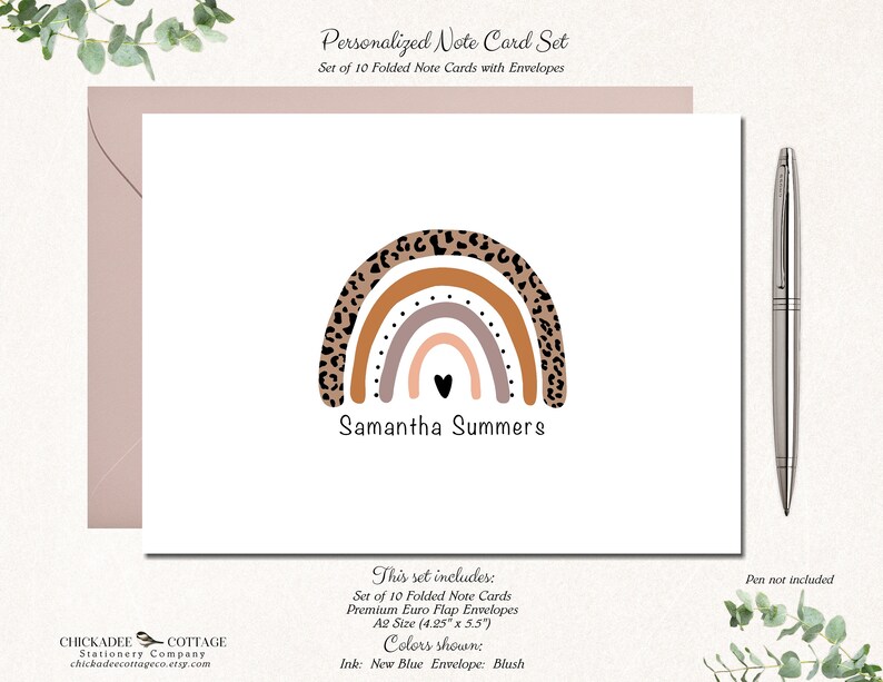Personalized Notecard Set With Envelopes, Set of 10 Folded Blank Inside ...