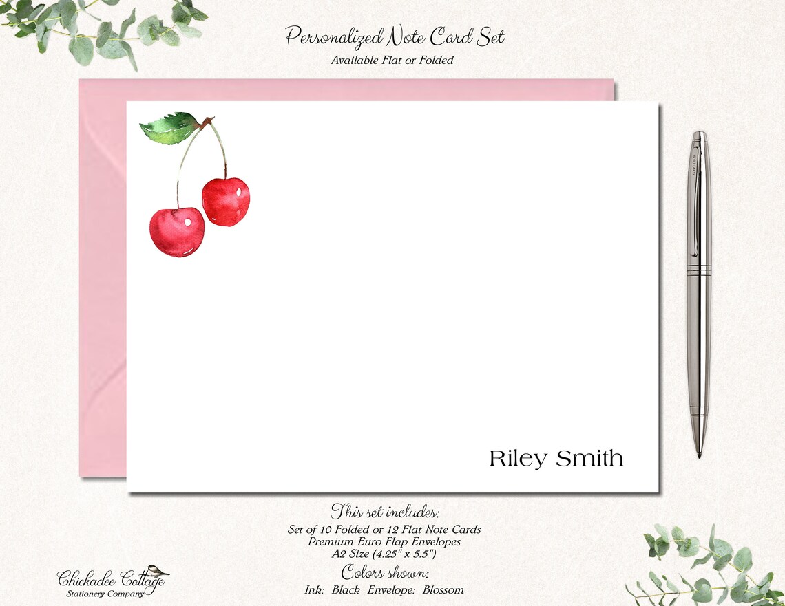 Personalized Cherry Note Cards, Stationery With Fruit, Cherry Gift ...