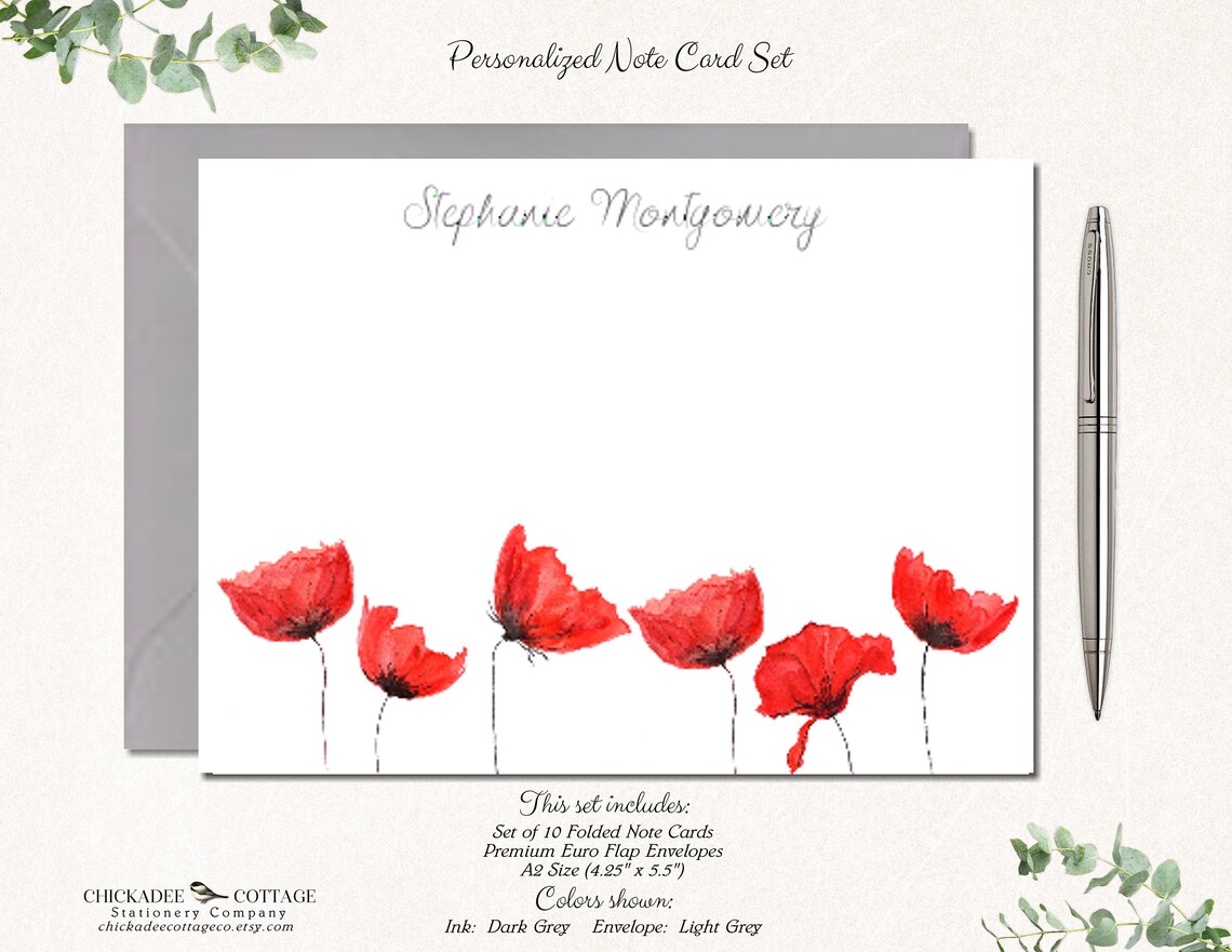 Personalized Poppy Note Cards with Envelopes Set of 10 | Etsy