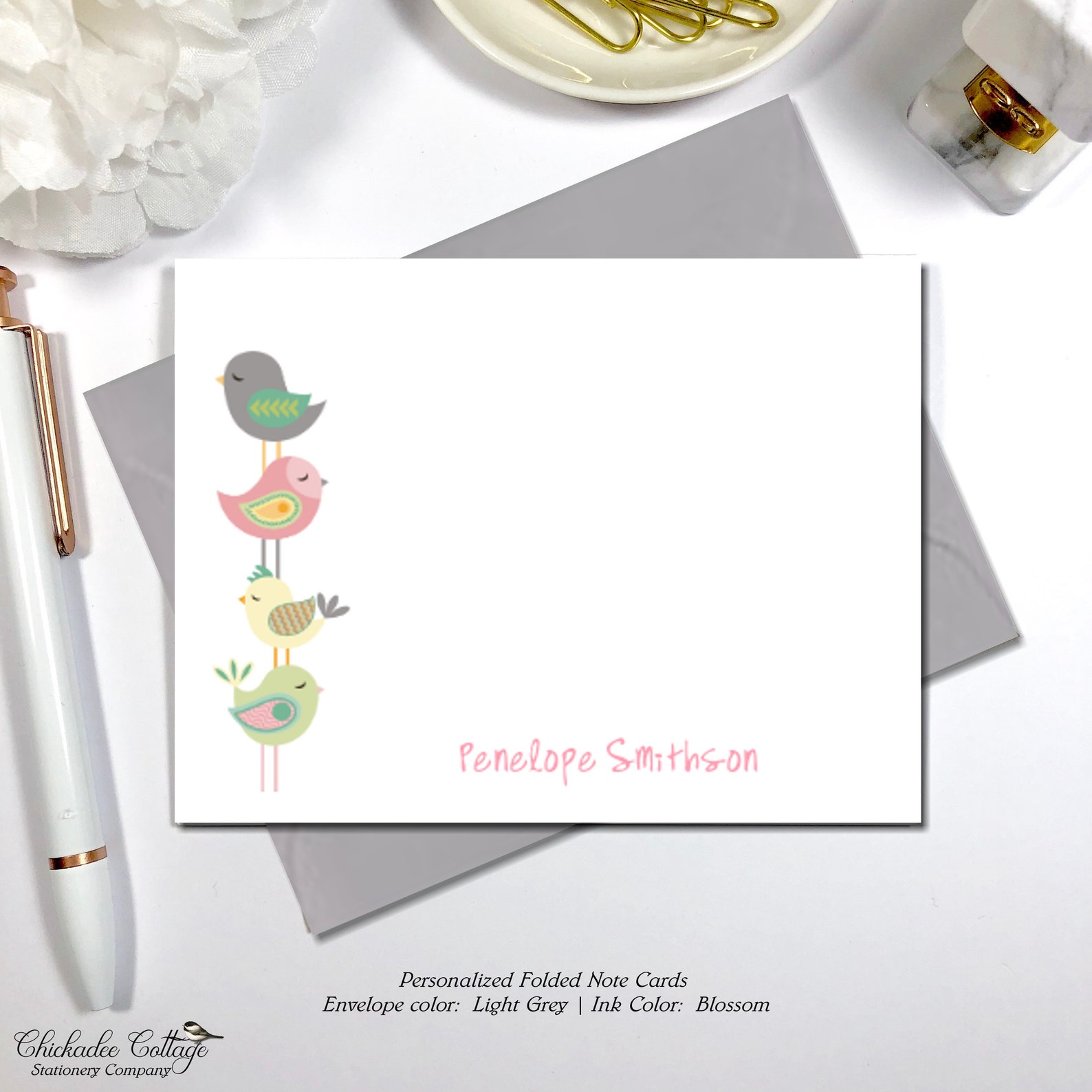 Cute Bird Stationery With Envelopes, Flat or Folded Note Cards, Pink ...