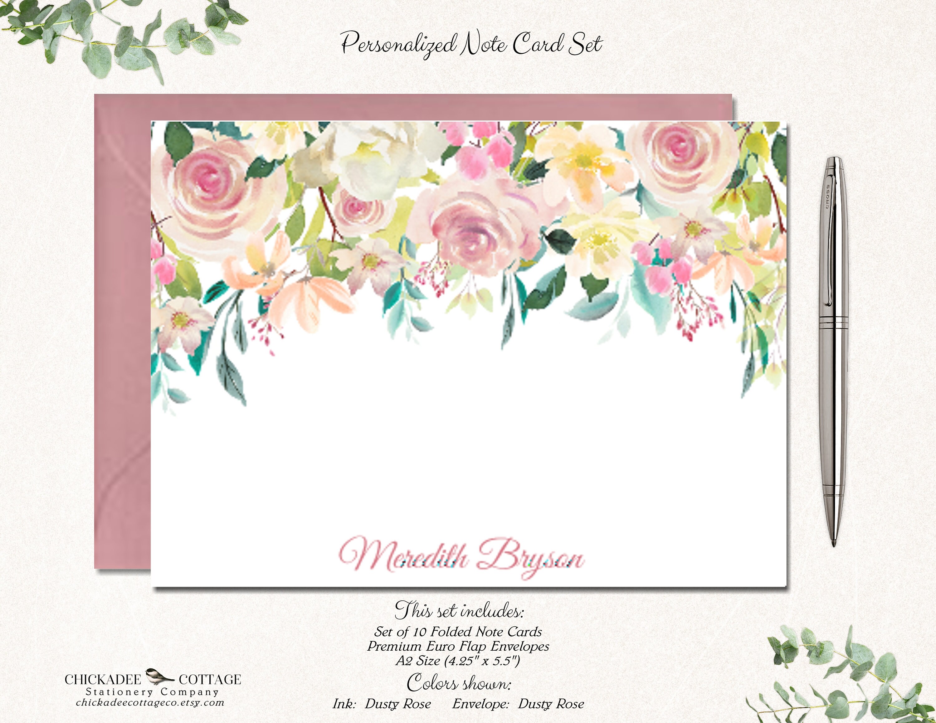 Pink Floral Note Cards With Envelopes, Pink Flower Notecards ...