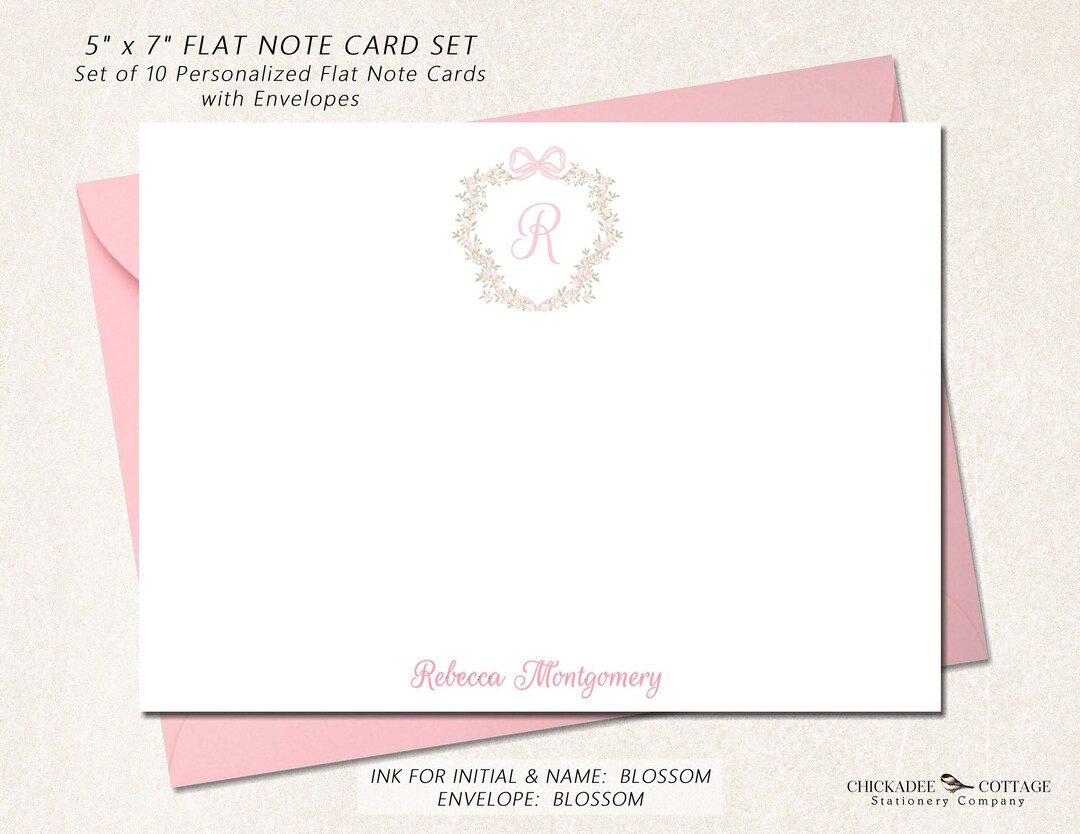 Personalized Monogram Note Cards With Envelopes, Set of 10 Flat 5" X 7 ...