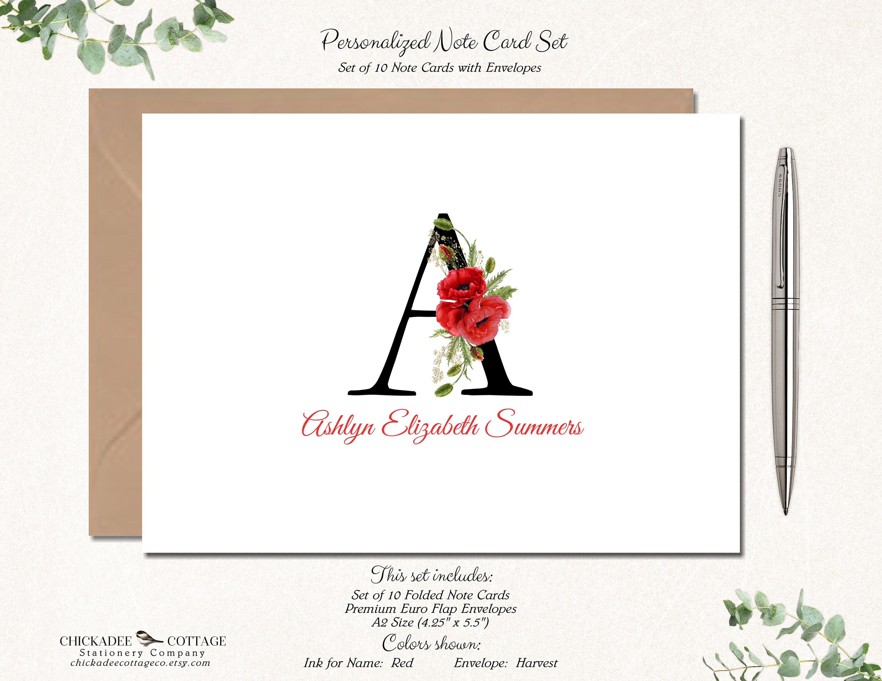 Personalized Monogram Red Floral Note Cards With Envelopes - Etsy