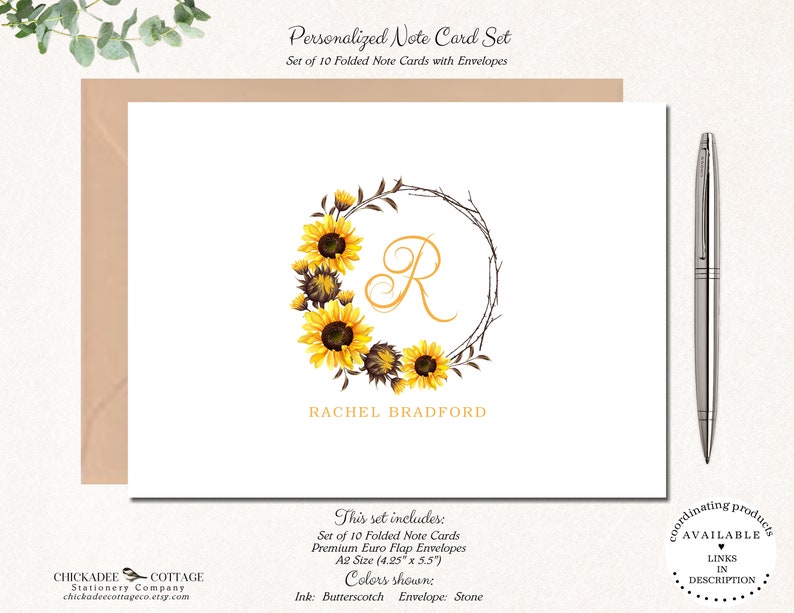 Sunflower Monogram Personalized Stationery Sunflower Note - Etsy