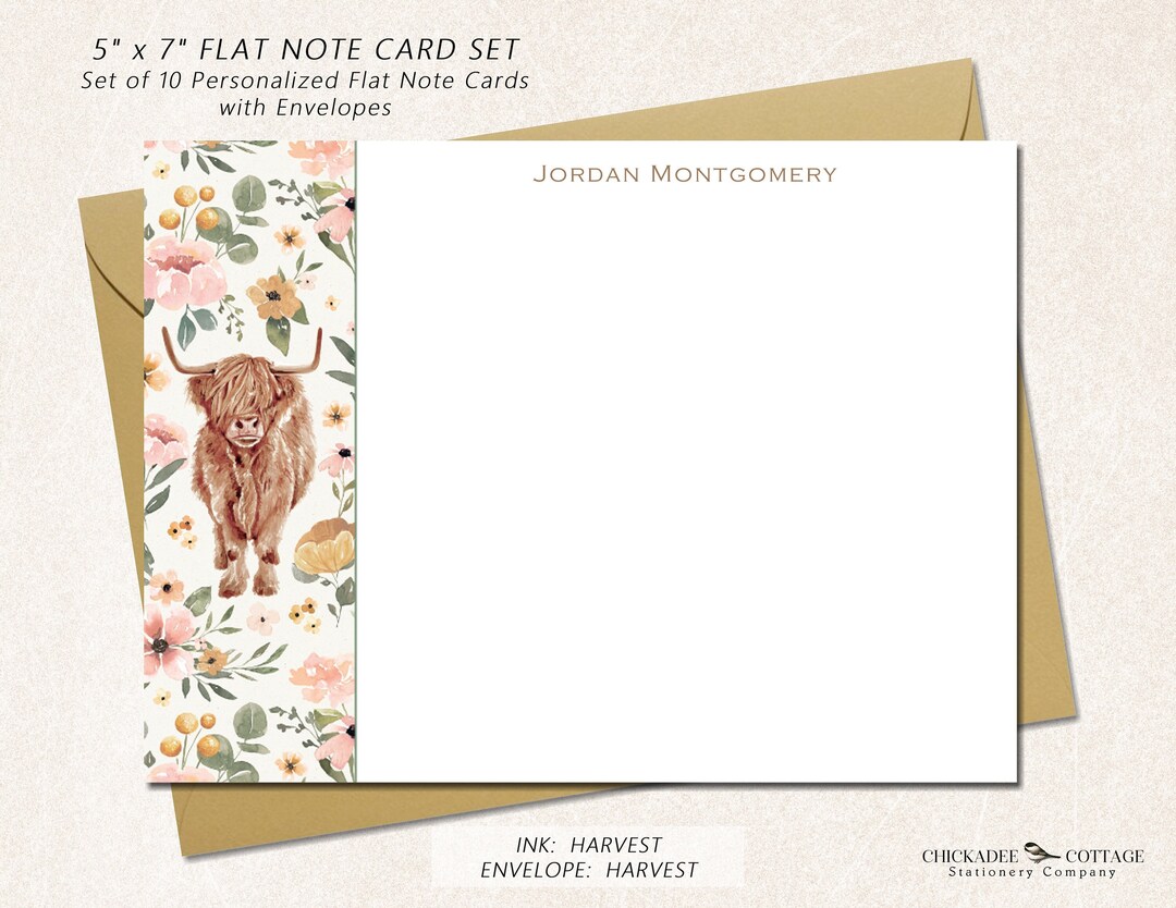 Highland Cow Note Cards Set, Personalized Cow Gift, Set of 10 Flat 5" X ...