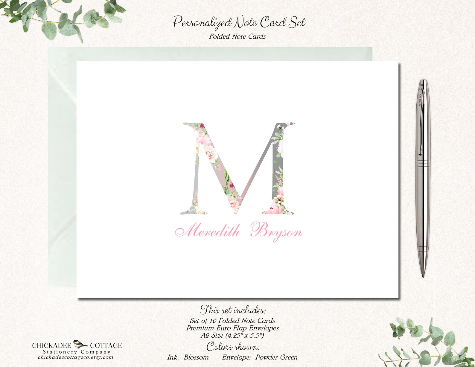 Monogrammed Note Cards, Set of 10 Cards With Envelopes, Monogram ...