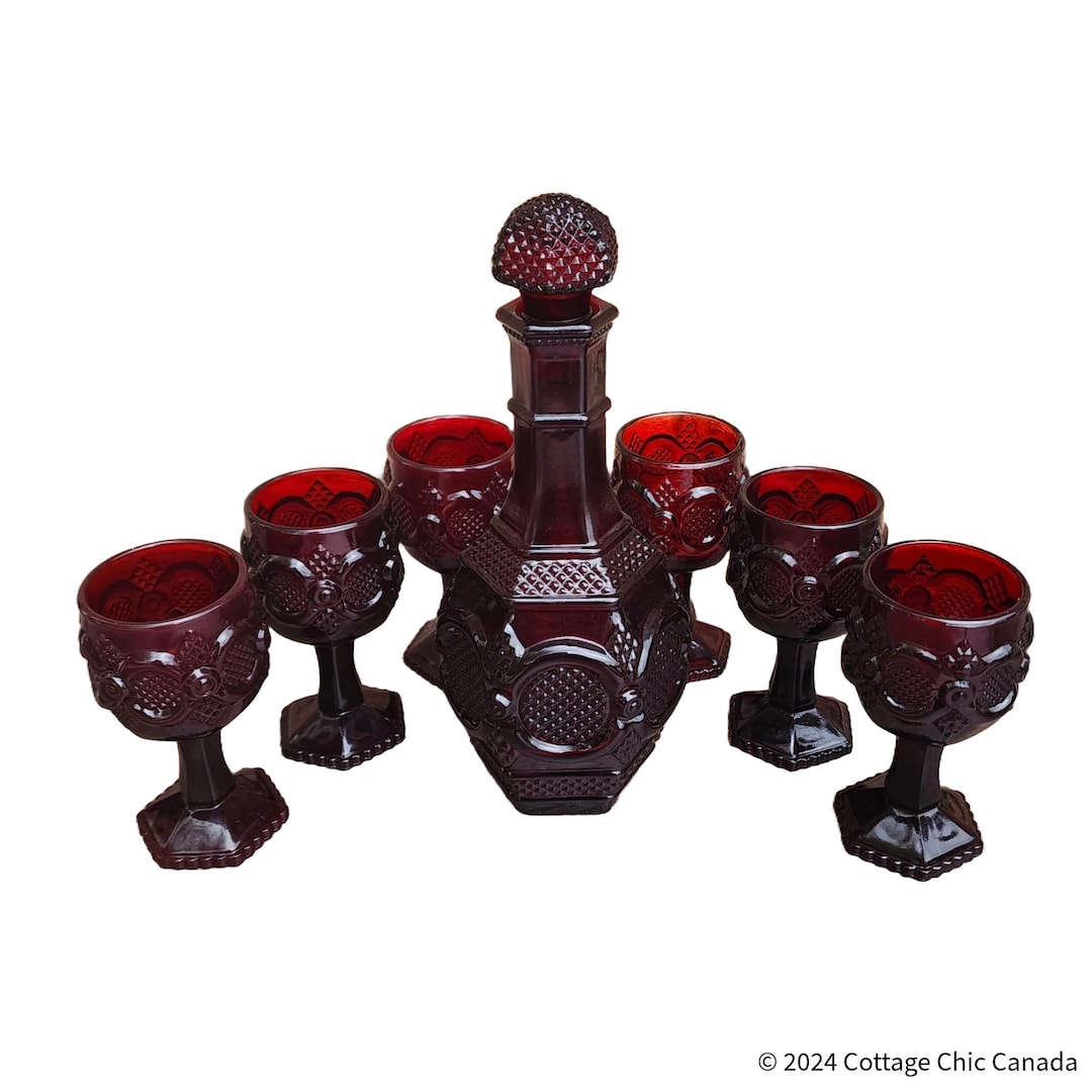 Vintage Avon Cape Cod Ruby Red Glass Decanter Set With Six Sherry Wine ...