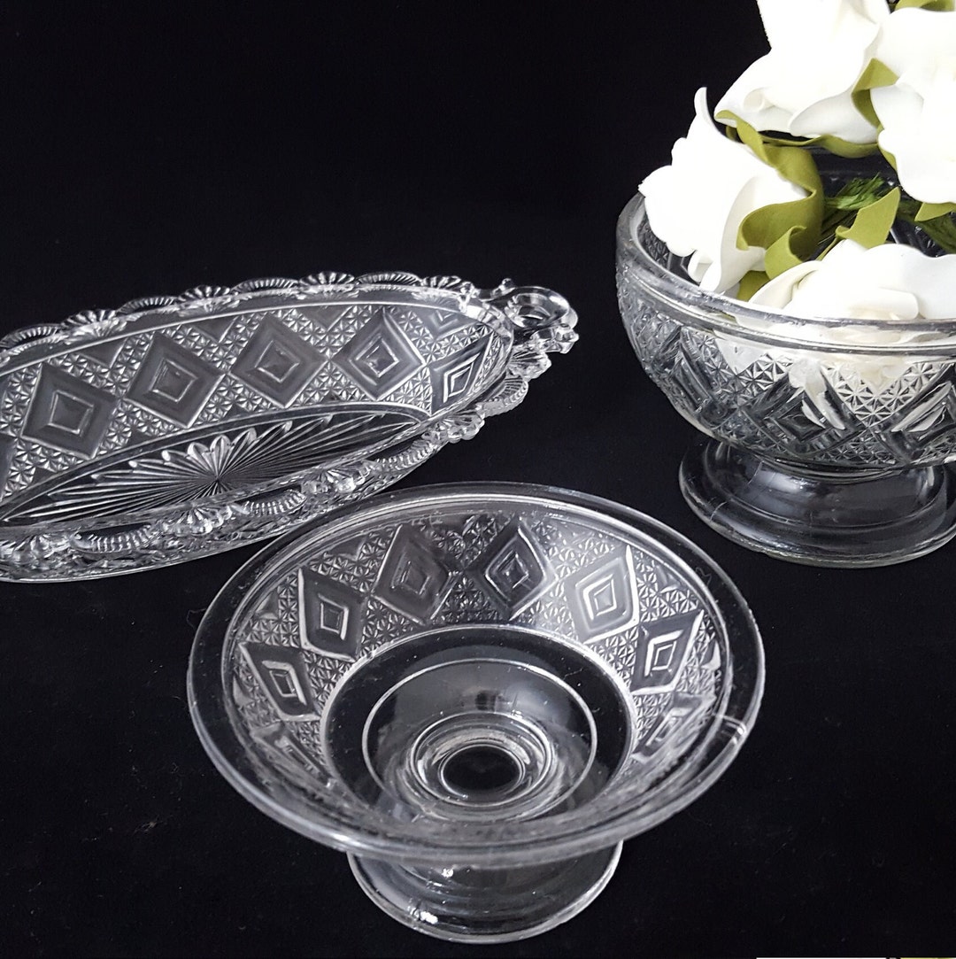 Antique EAPG Bryce Higbee Glass Diamond Medallion Dishes, Set of Three ...