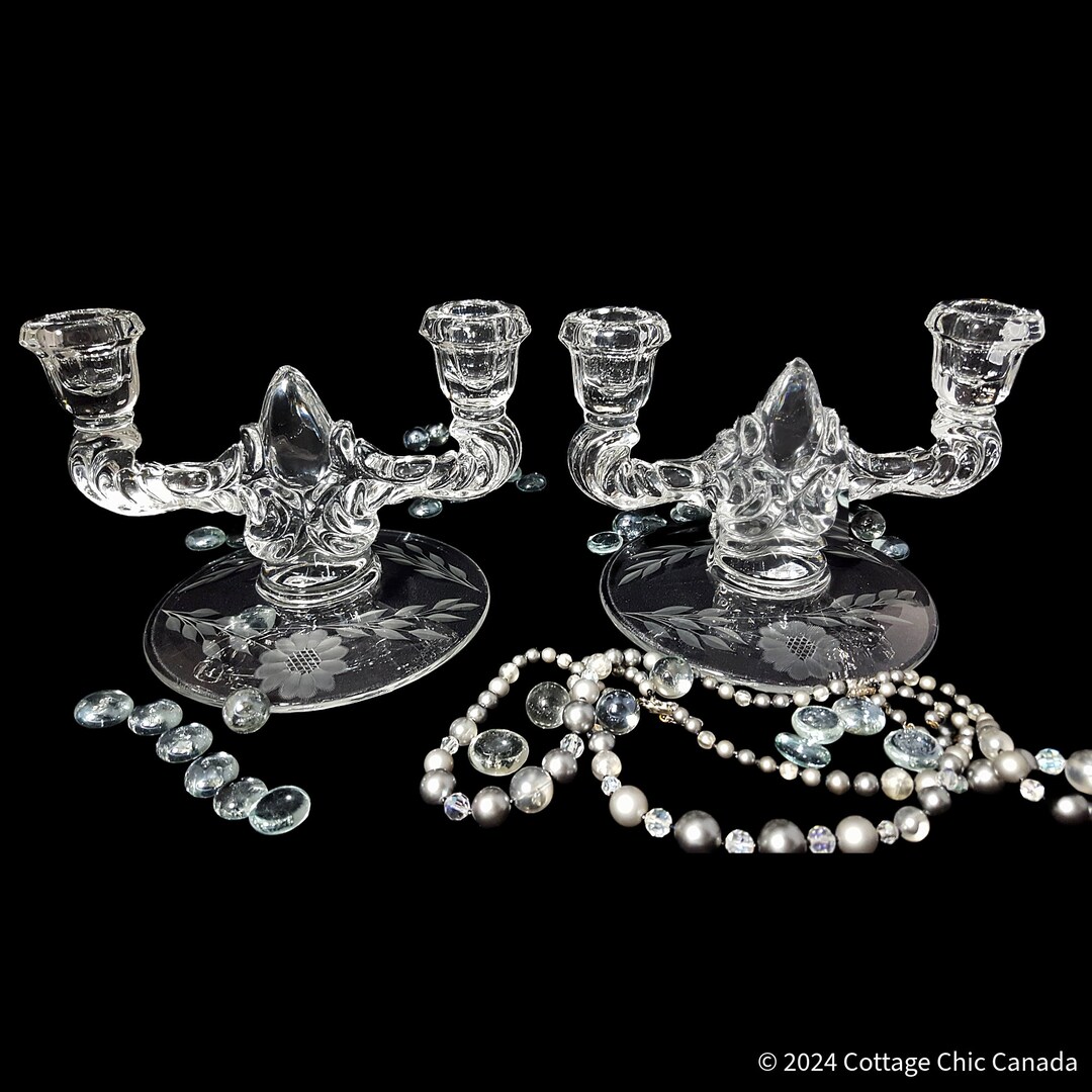 Hughes Cornflower Etched Glass Candlesticks - New Martinsville Janice ...