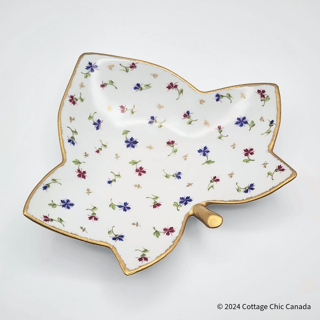 Nyon Swiss Porcelain Leaf Dish With Blue and Red Cornflower Design ...