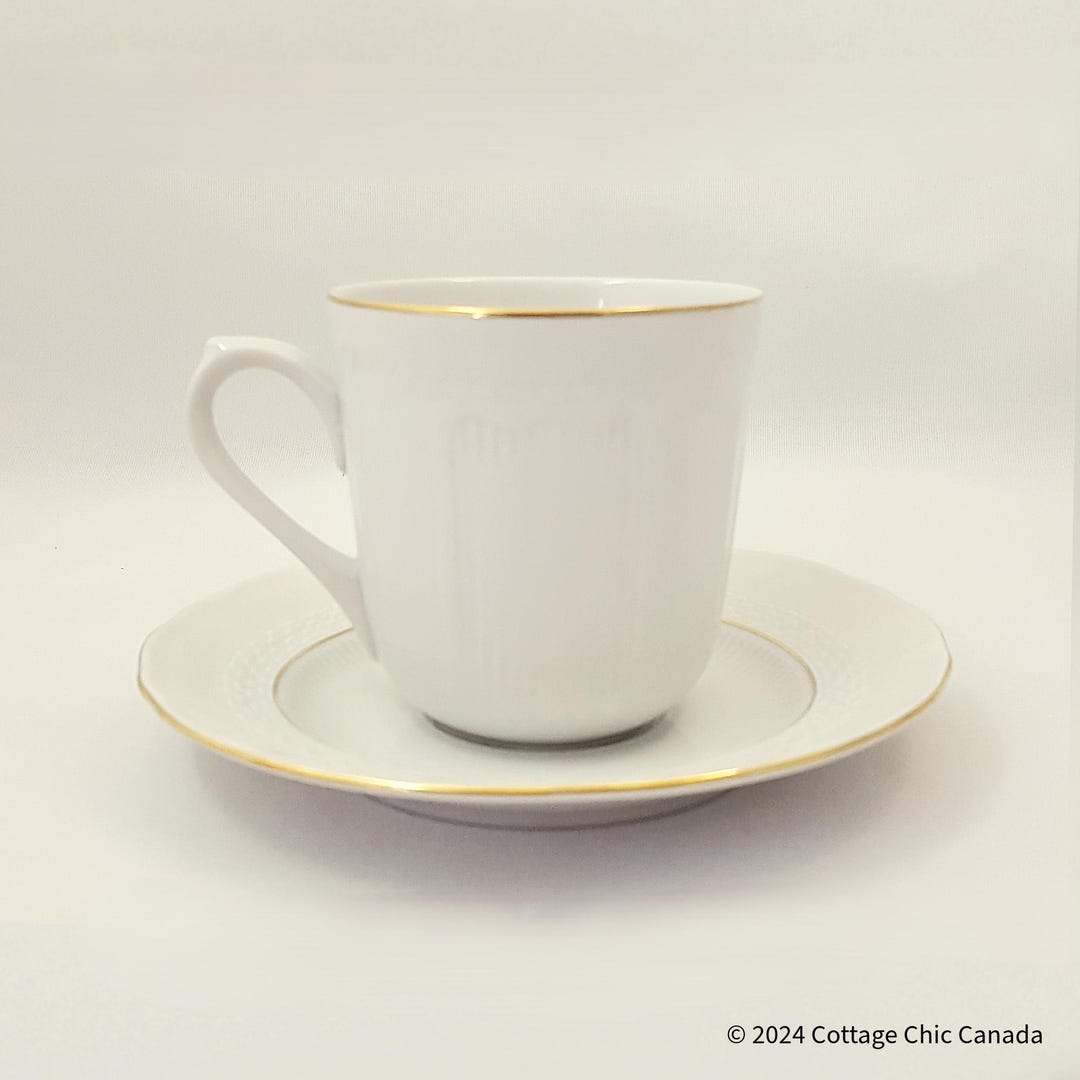 Romanian Tea Cup and Saucer Set, White Fine Bone China Teacup With Gold ...