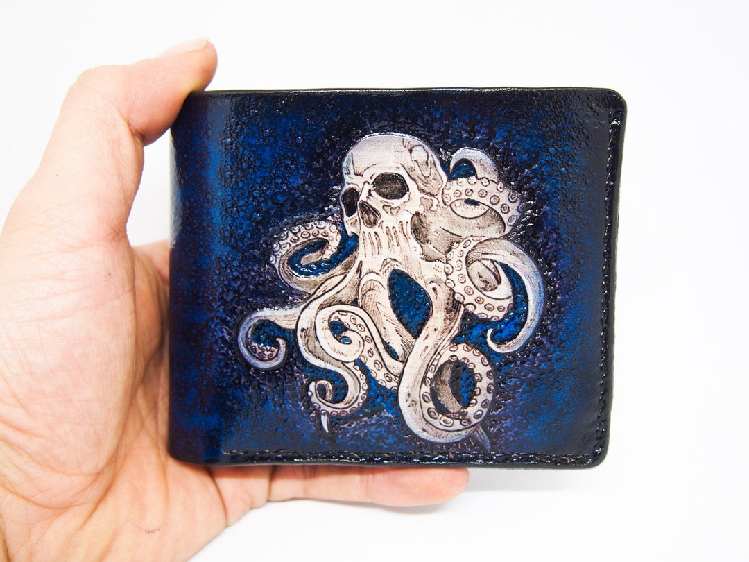 Leather Bifold Blue Octopus Skull Bike Wallet Chain, Motocycle Biker ...