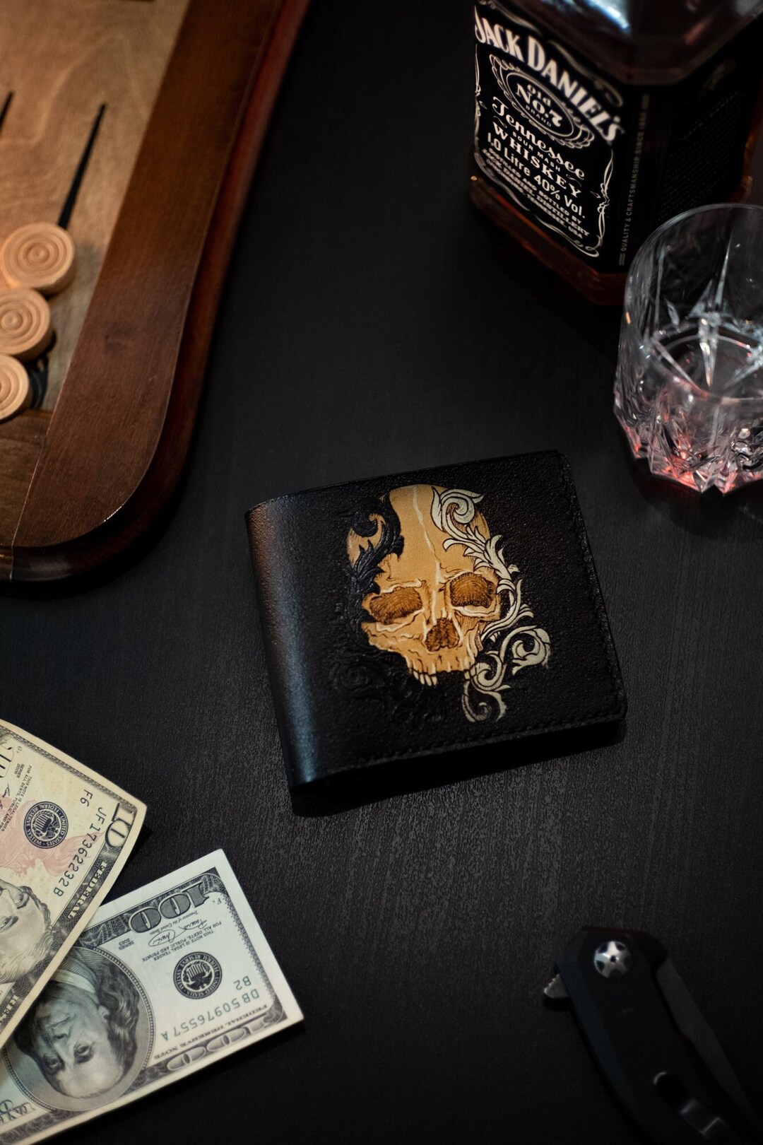 Leather Bifold Skull Chain Bike Gothic Wallet, Black and White Biker ...