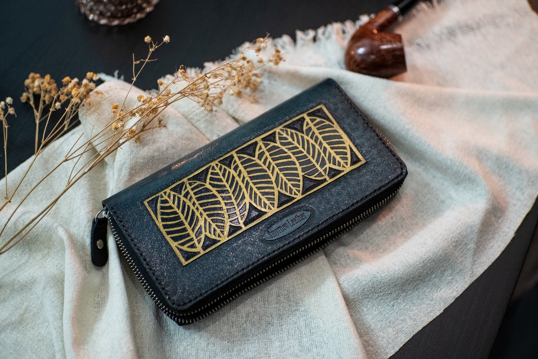 Womens Leather Zip Wallet With Gold Leaves – Handmade Floral Leather ...
