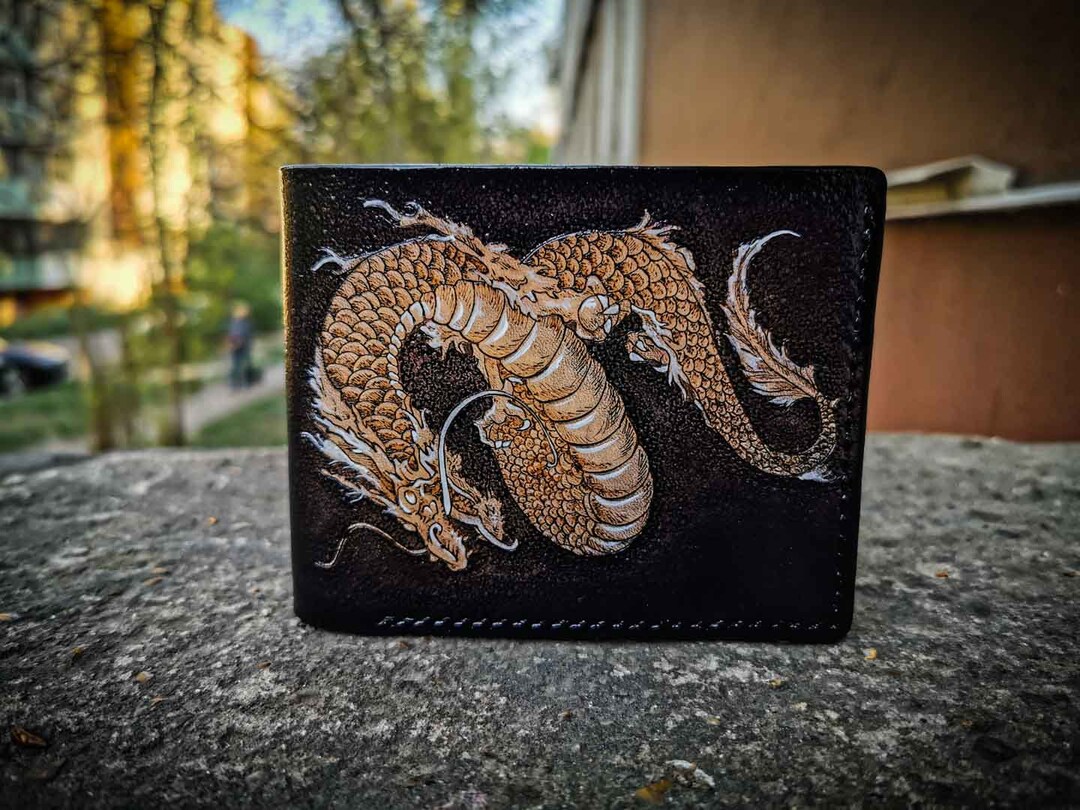 Leather Bifold Chinese Dragon Chain Wallet, Custom Personalized Mens ...