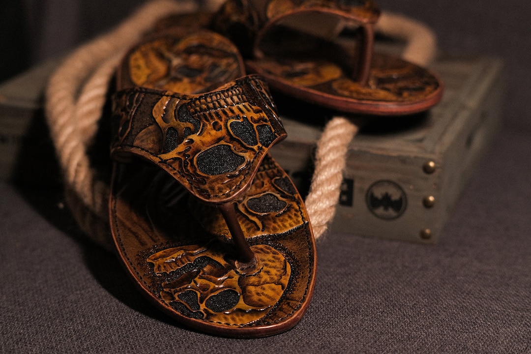 Leather Handmade Skull Sandals, Leather Slide Slippers Flipflop, Bike ...