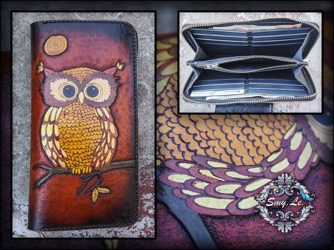 Leather Owl Zip Wallet for Women, Handmade Owl Purse With Zipper, Long ...