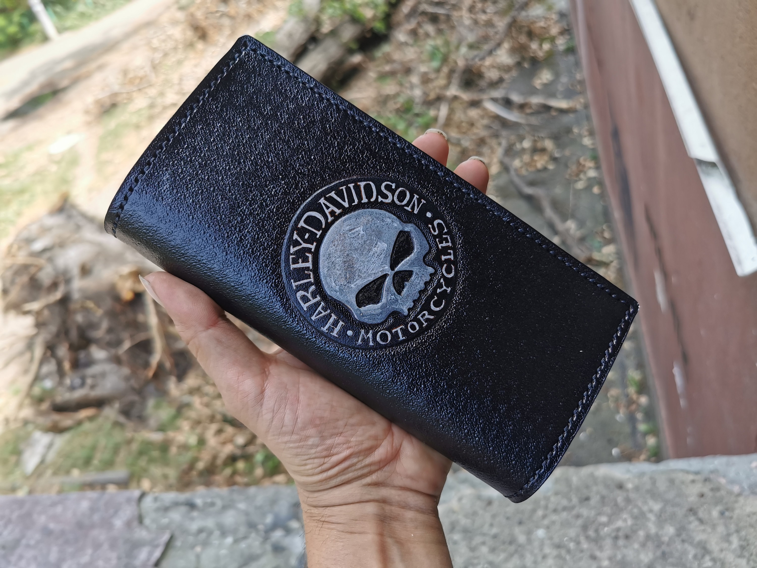 Leather Long Travel Skull Bike Chain Wallet, Biker Leather Long Travel Skull Bike Chain Wallet, Biker