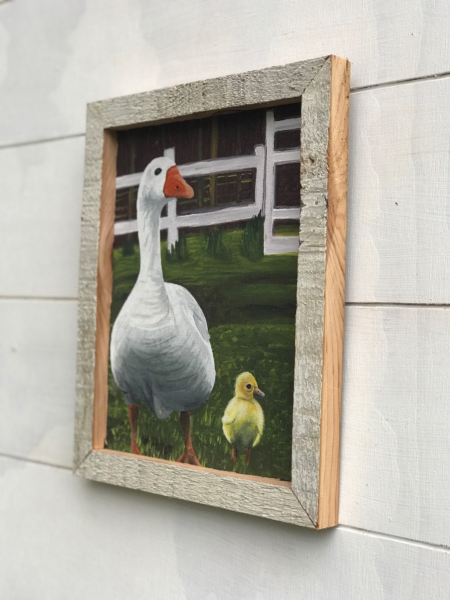 Mother Goose and Gosling Original Painting, Handmade Barn Wood Frame, 8 ...