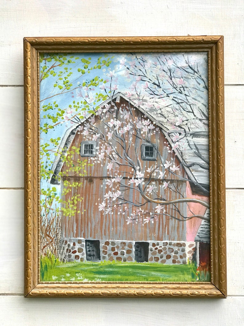 Granero rosa y gris pintura original 9 x 12 arte rústico - Etsy España