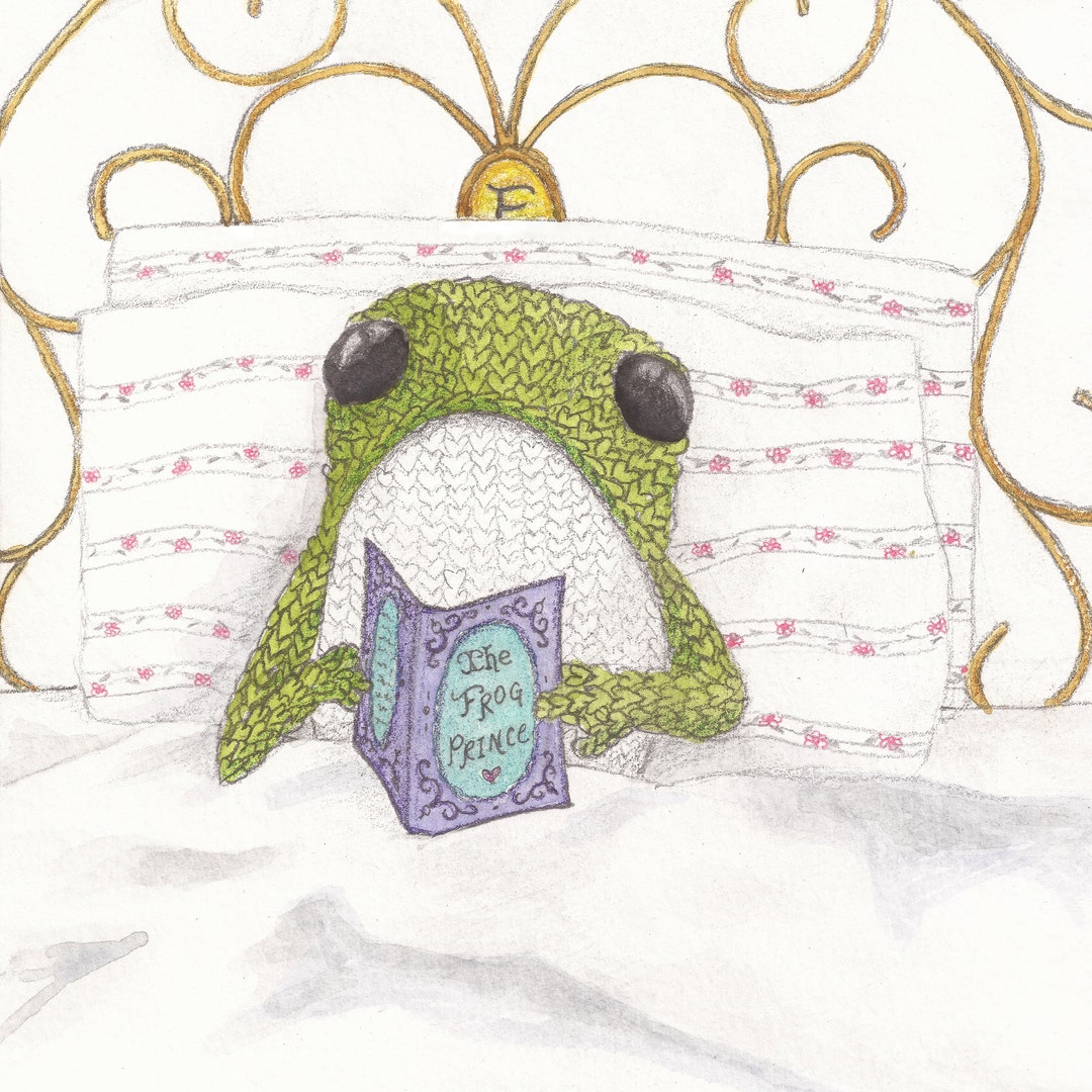 Frog and Toad Art Print: Knitted Frog in Bed, Cozy Kids Decor - Etsy