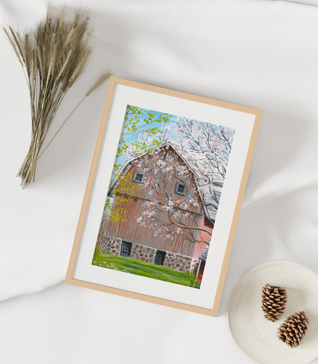 Barn Fine Art Print Dusky Pink Rustic Barn Landscape Folk Painting ...