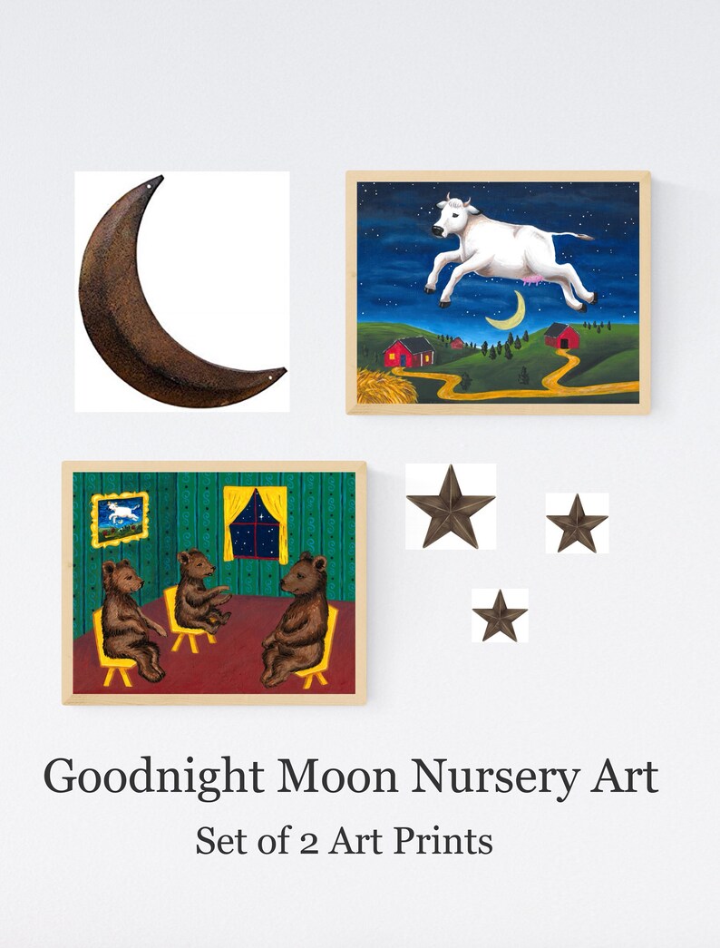 Goodnight Moon set of art prints Cow jumping over the moon | Etsy
