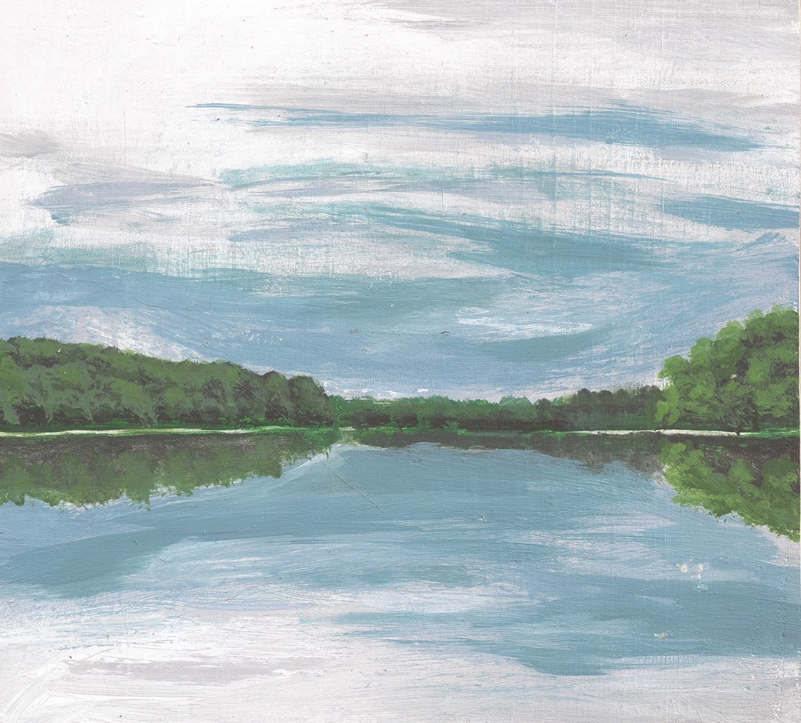 River Shoreline Art Print Calm River Landscape Painting Cool Blue Water ...