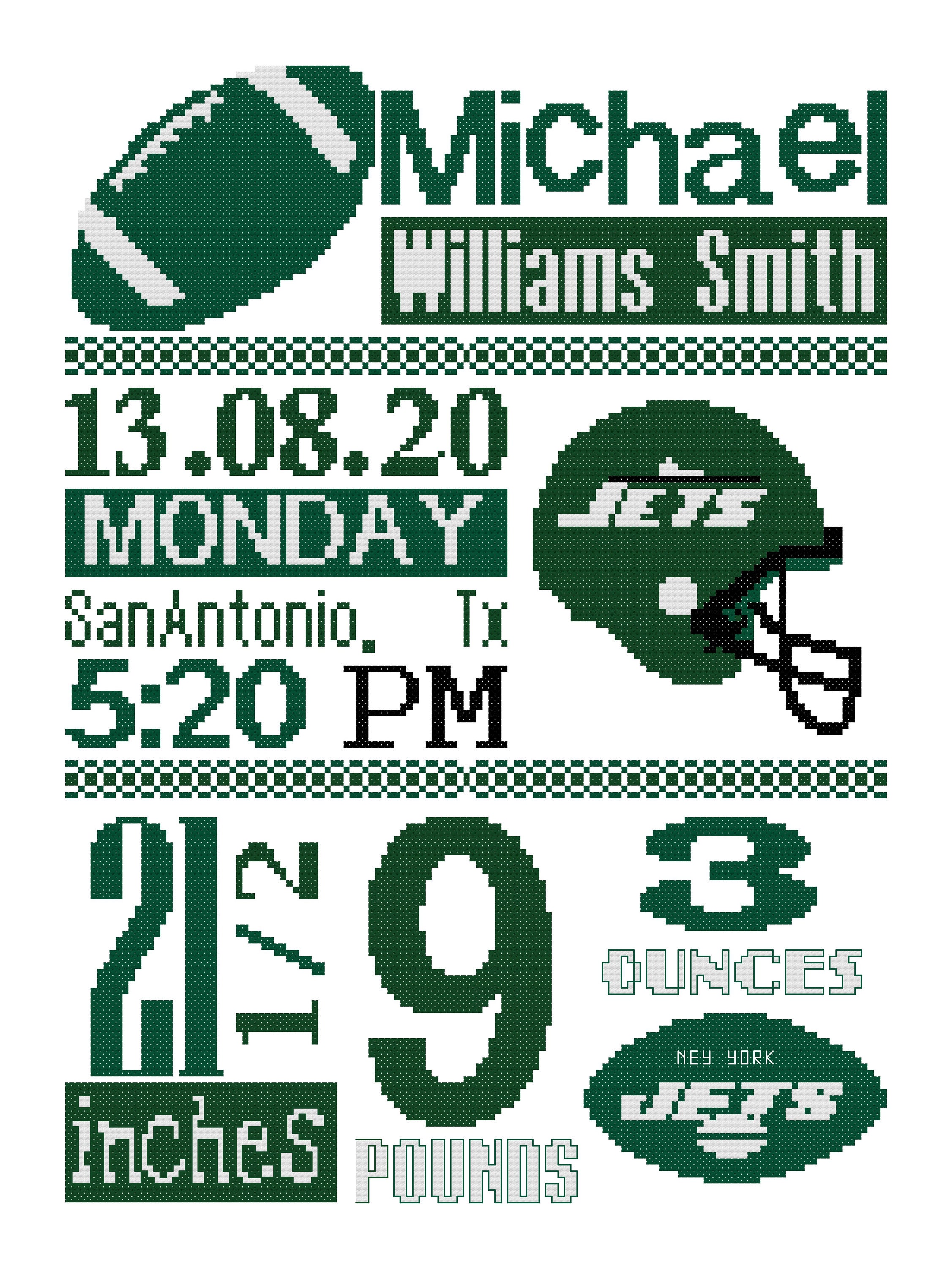 Jets Football Birth Announcement Pattern New York Jets Cross - Etsy