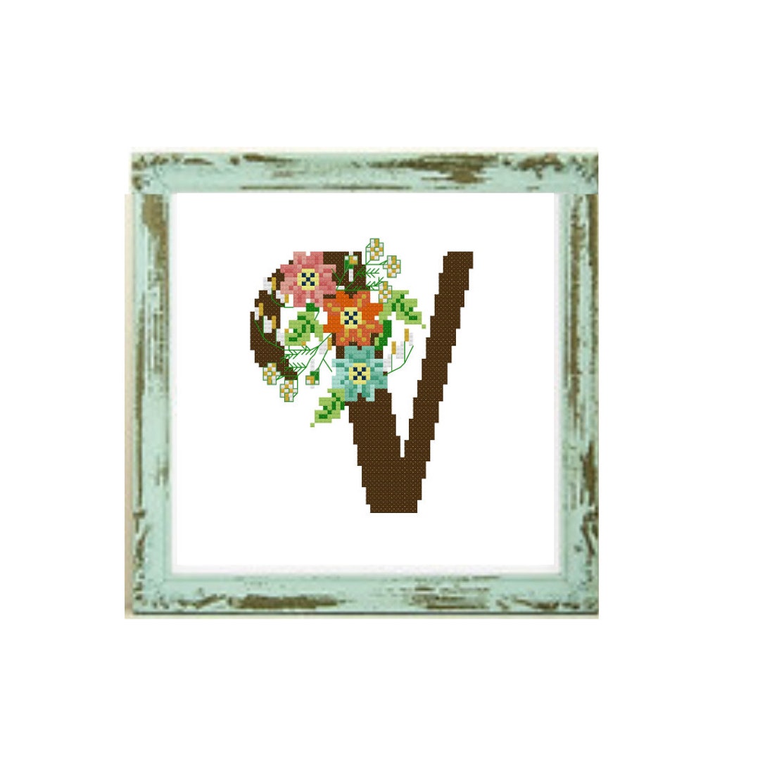 Letter V Cross Stitch Pattern Monogram Letter Floral Cross - Etsy