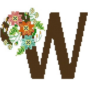 Letter W, Cross Stitch Pattern Monogram Letter, Floral Cross Stitch ...