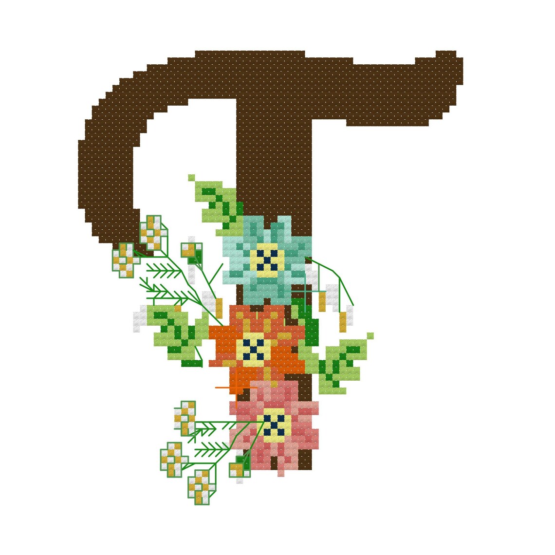 Letter T, Cross Stitch Pattern Monogram Letter, Floral Cross Stitch ...