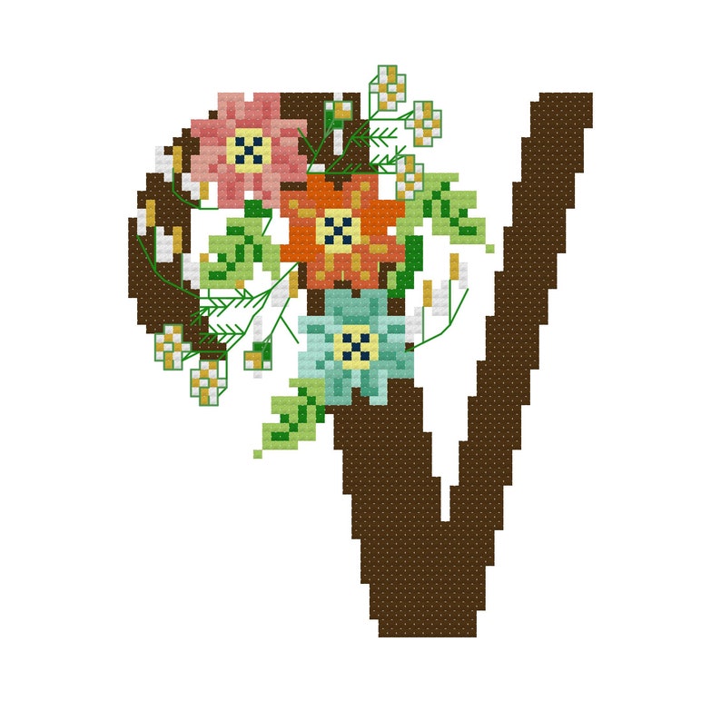 Letter V, Cross Stitch Pattern Monogram Letter, Floral Cross Stitch ...