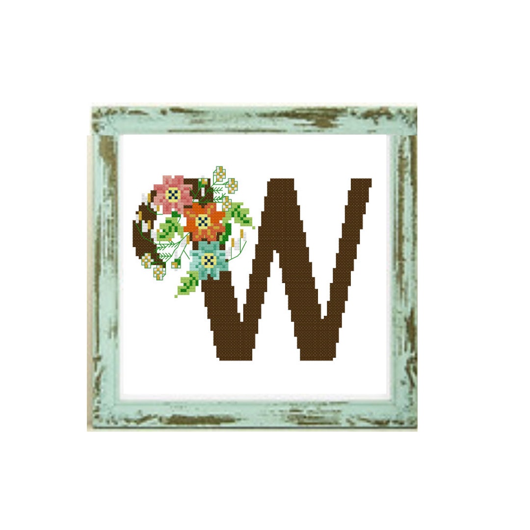 Letter W, Cross Stitch Pattern Monogram Letter, Floral Cross Stitch ...