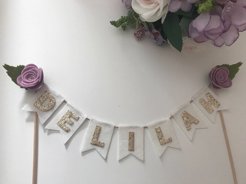Name Cake Topper Personalised Felt Flower and Gold Glitter - Etsy