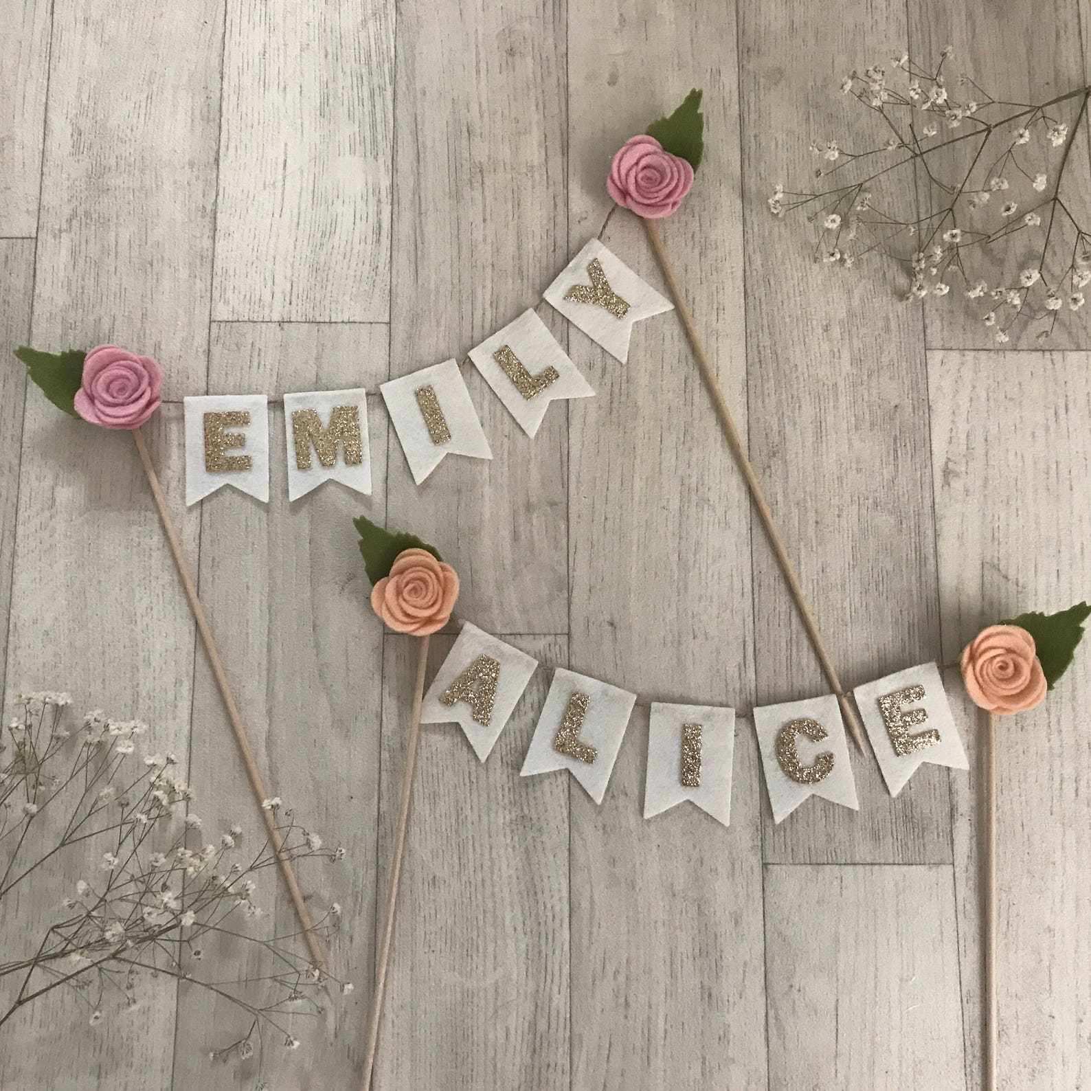 Name Cake Topper Personalised Felt Flower and Gold Glitter - Etsy