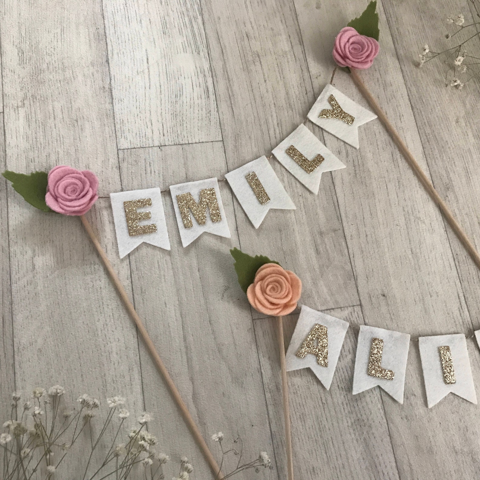 Name Cake Topper Personalised Felt Flower and Gold Glitter - Etsy
