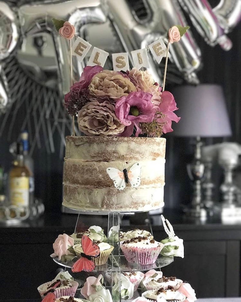 Name cake topper personalised felt flower and gold glitter | Etsy